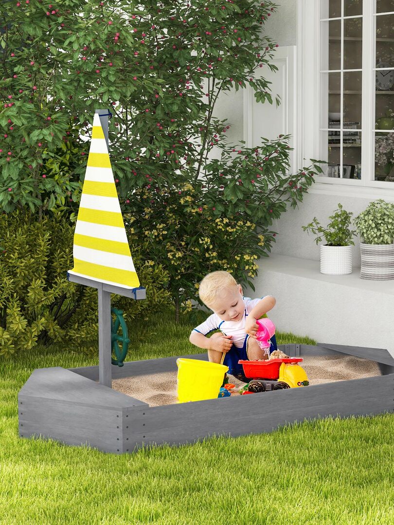Bac à sable enfant design bateau - voile, gouvernail - bois gris - Gris ...