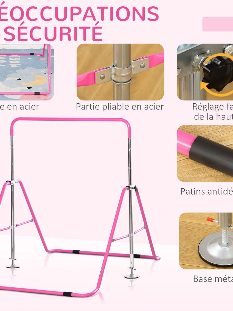 Barre fixe de gymnastique enfant pliable hauteur réglable acier - Rose ...