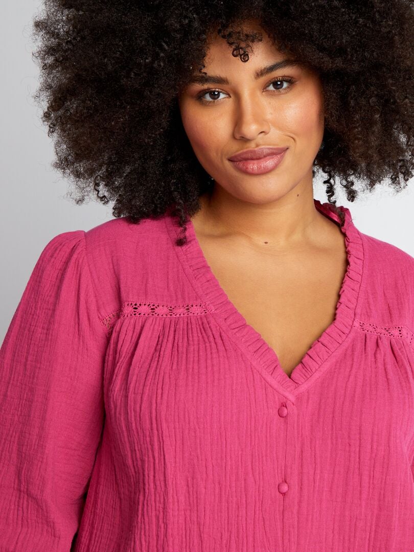 Blouse en gaze de coton à col volanté - Rose - Kiabi - 22.00€
