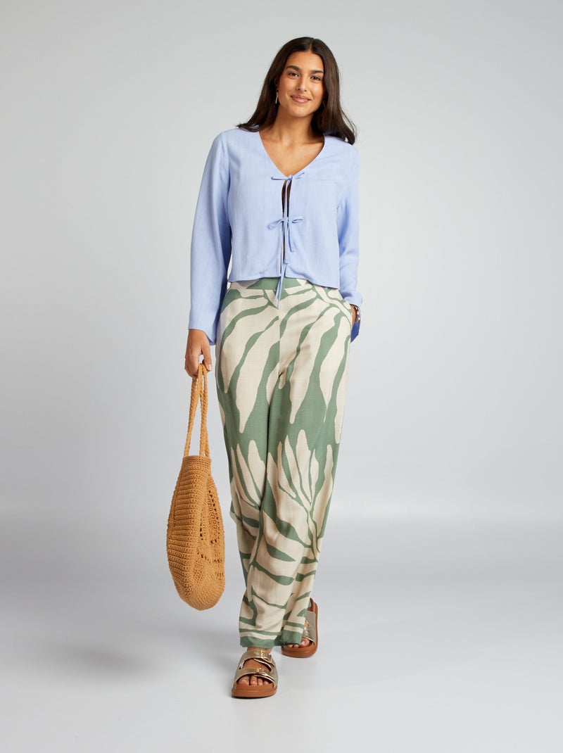 Blouse en lin mélangée nouée devant - Bleu - 6.00€ - Kiabi