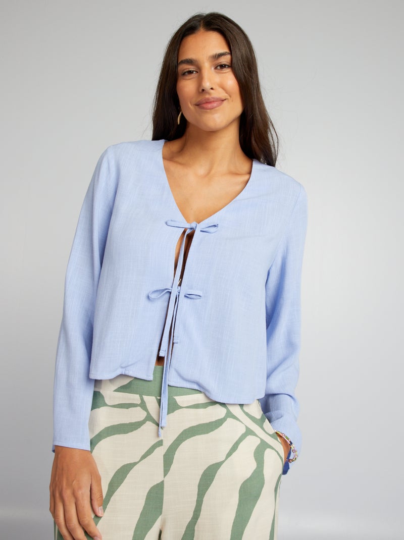 Blouse en lin mélangée nouée devant - Bleu - 6.00€ - Kiabi