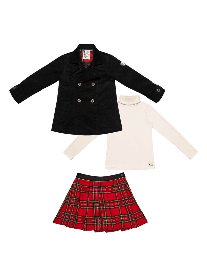 Cad Noël Fille Caban Noir + Jupe Plissée Tartan Rouge + Col roulé Beige ...
