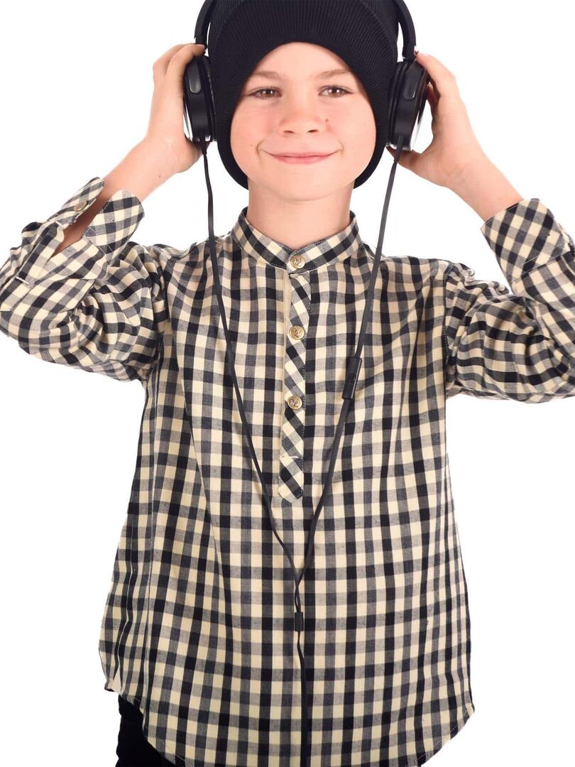 Chemise col Mao carreaux LIVERPOOL - 'LA FAUTE A VOLTAIRE' - Noir Beige ...