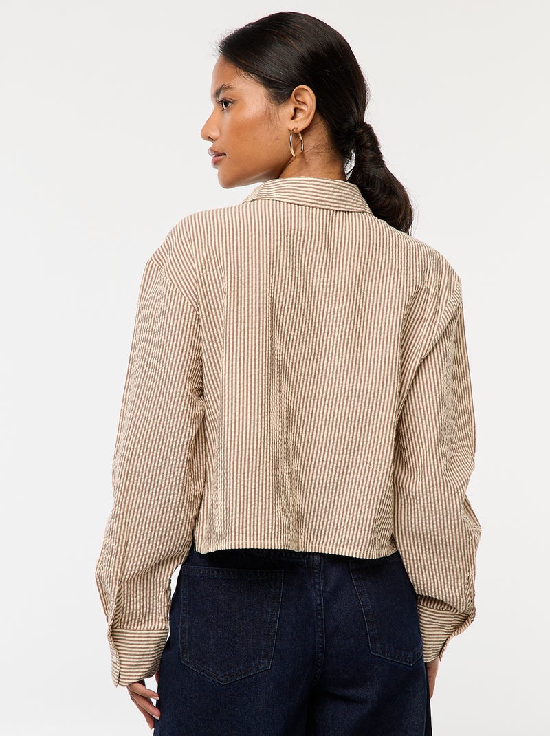 Chemise rayée à manches longues avec broderies - Marron - Femme - 11.70 ...