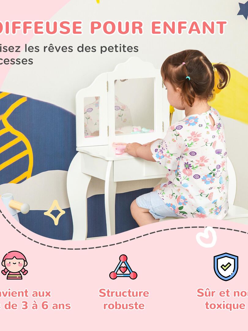 Coiffeuse enfant avec tabouret, miroir triptyque et tiroir coulissant ...