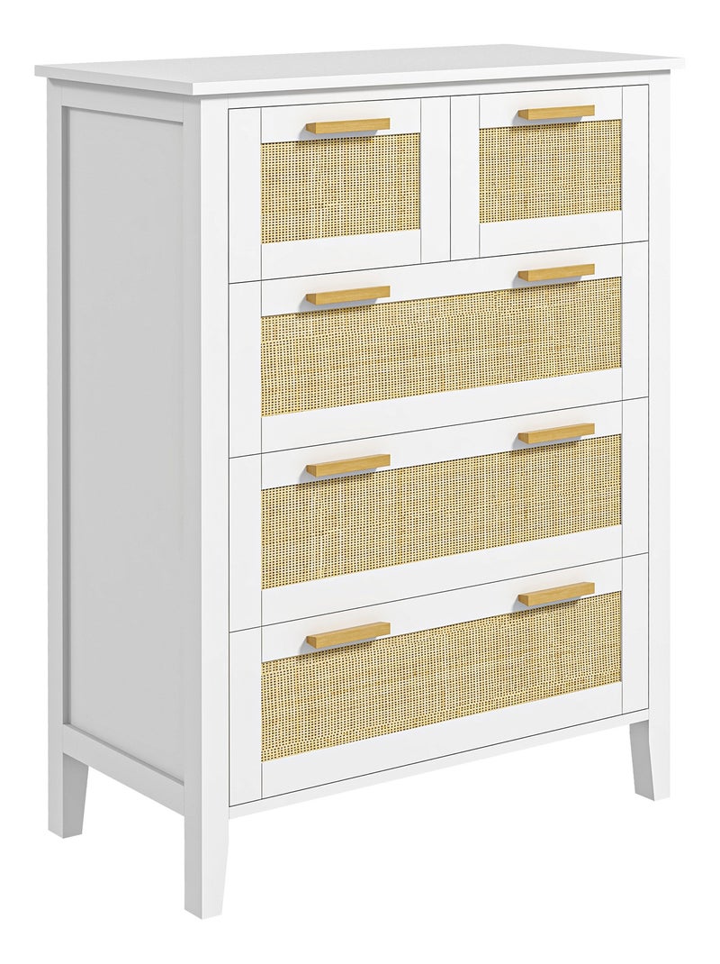 Commode 5 tiroirs cannage en rotin MDF blanc bois de pin - Blanc Blanc ...