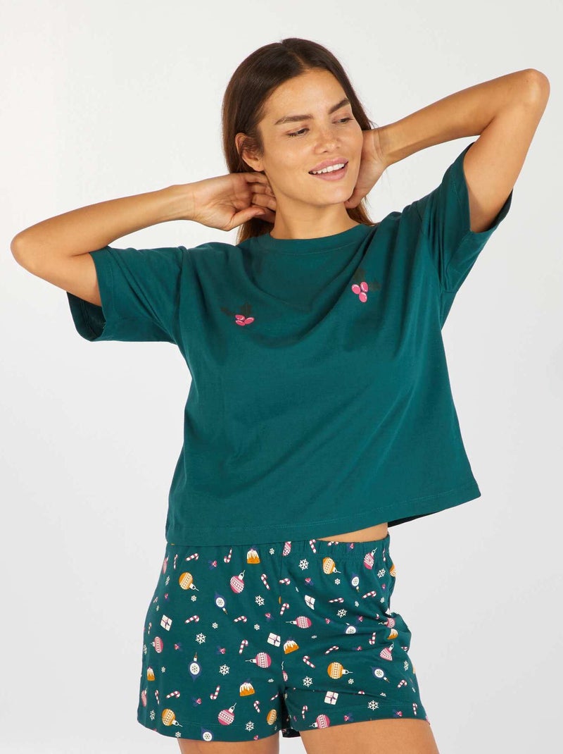 Ensemble pyjama Tee-shirt + short Noël - 2 pièces - Vert - 12.00€ - Kiabi