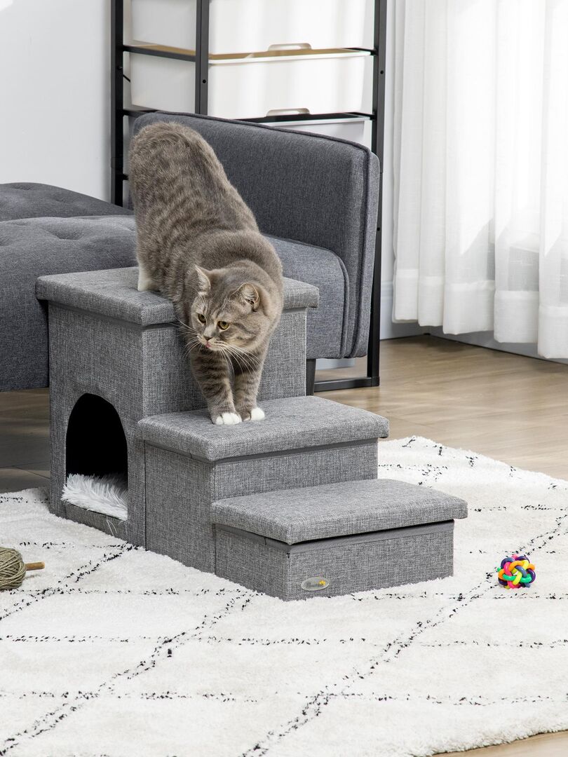 Escalier pour chat chien niche coffre 3 en 1 - coussin inclus - tissu ...