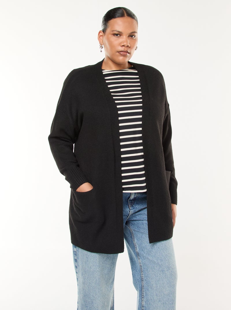 Gilet long en maille tricot avec 2 poches - Noir - Grandes tailles - Femme - 22.00€ - Kiabi