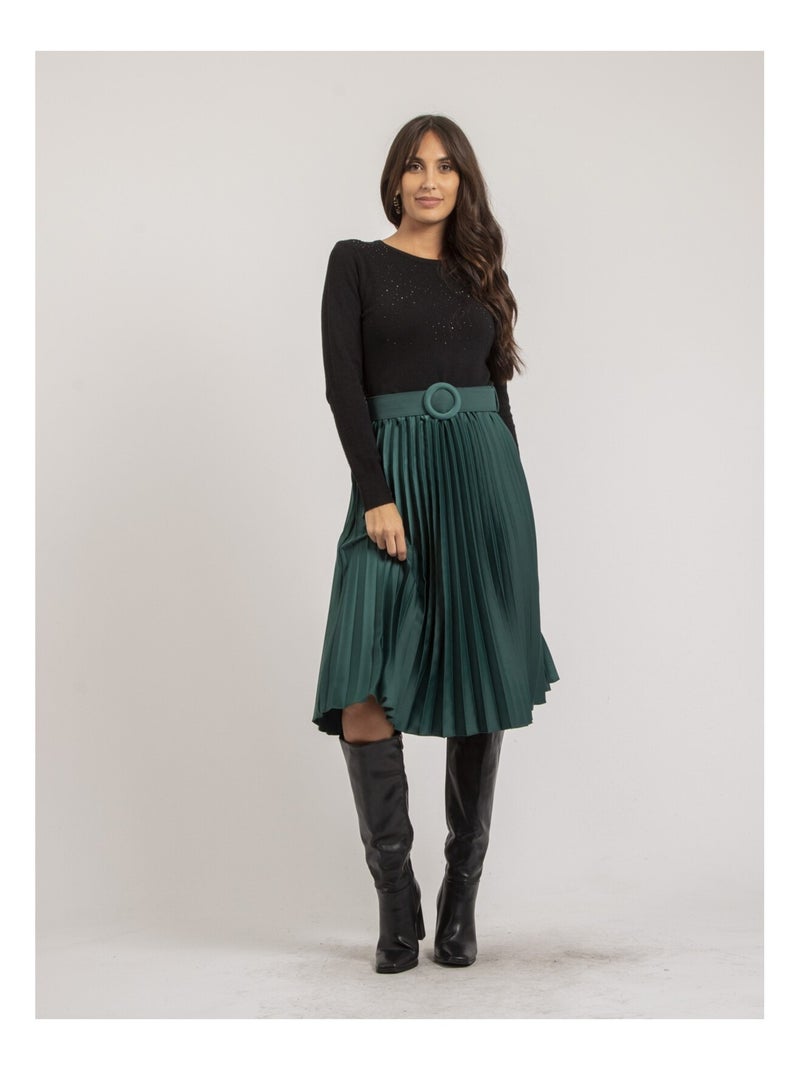 Jupe mi-longue plissée satin et ceinture XOLIA - Vert forêt - Kiabi - nu€