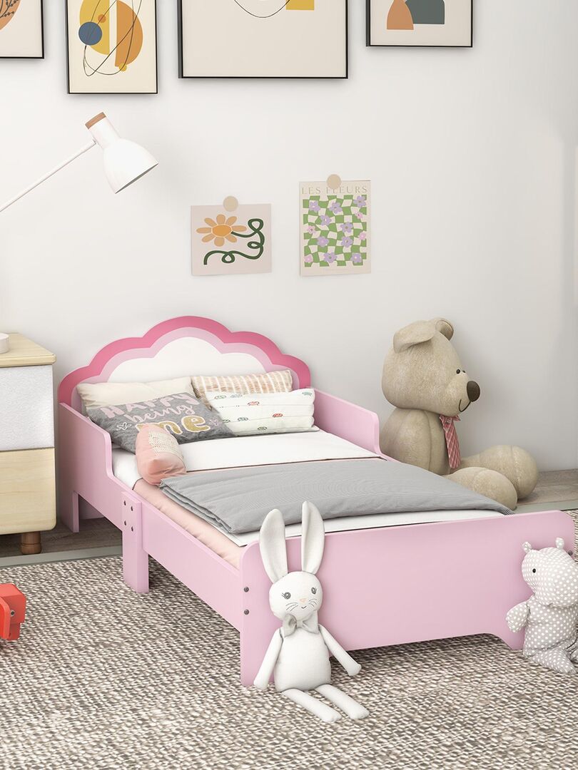 Lit enfant design girly motif nuage avec sommier à lattes rose blanc ...