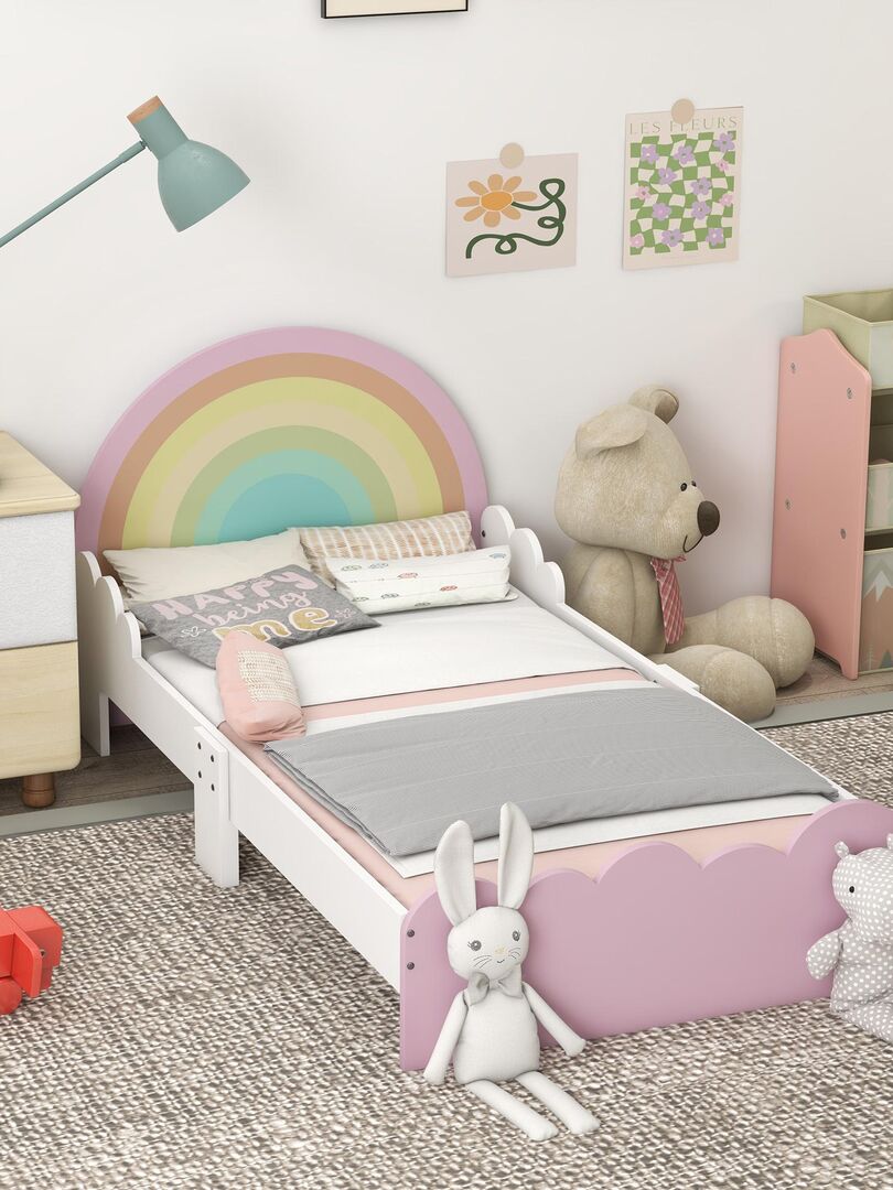 Lit enfant design girly motifs arc en ciel nuages avec sommier à lattes ...
