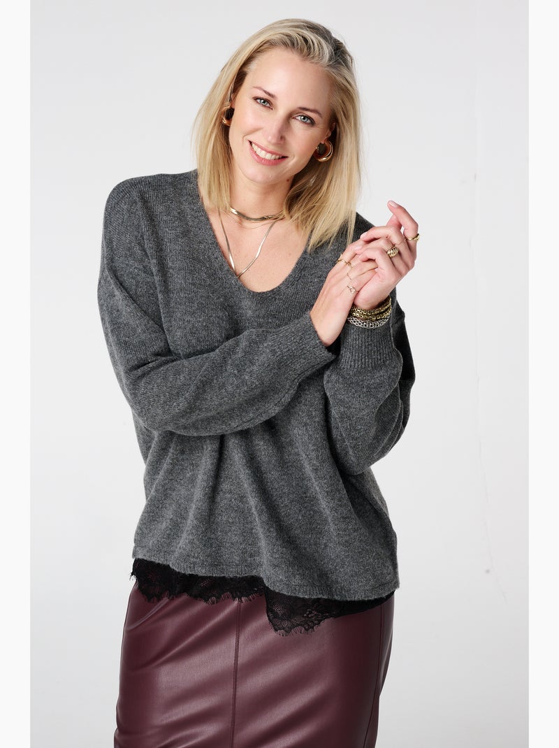 MS MODE Pull Pull à col en V avec bas en dentelle - Gris foncé ...