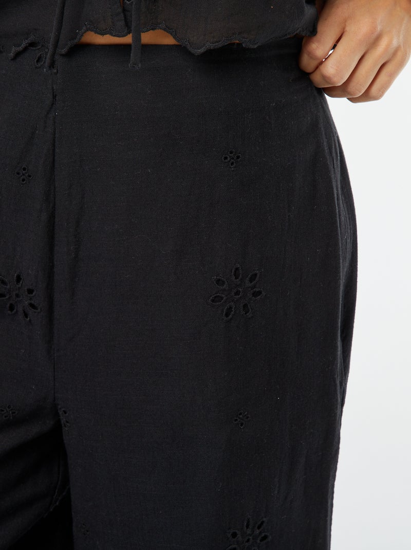 Pantalon large avec broderies anglaises - noir - Femme - 8.80€ - Kiabi