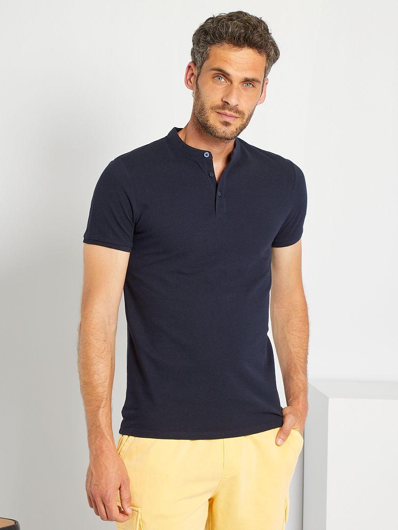 Polo col mao en piqué de coton - bleu marine - Kiabi - 10.00€
