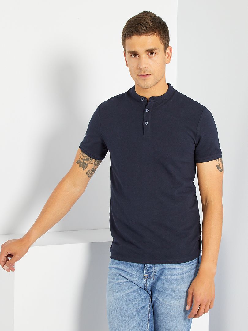 Polo col mao en piqué de coton - bleu marine - Kiabi - 10.00€