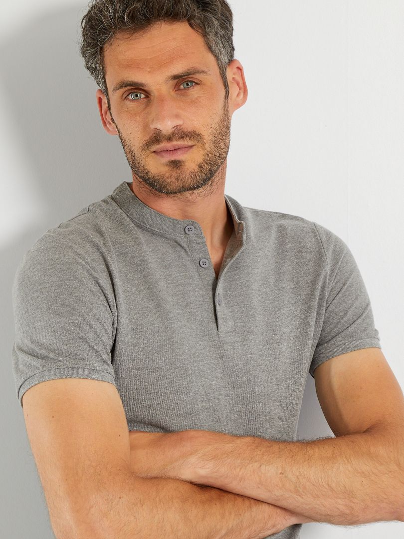 Polo col mao en piqué de coton - gris - Kiabi - 10.00€