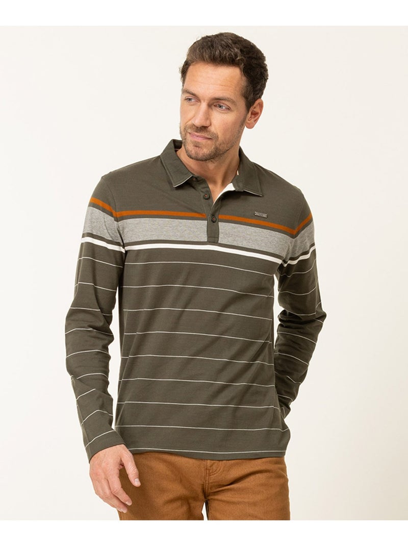 Polo manches longues vert kaki rayé gris beige Homme - Terre de Marins ...