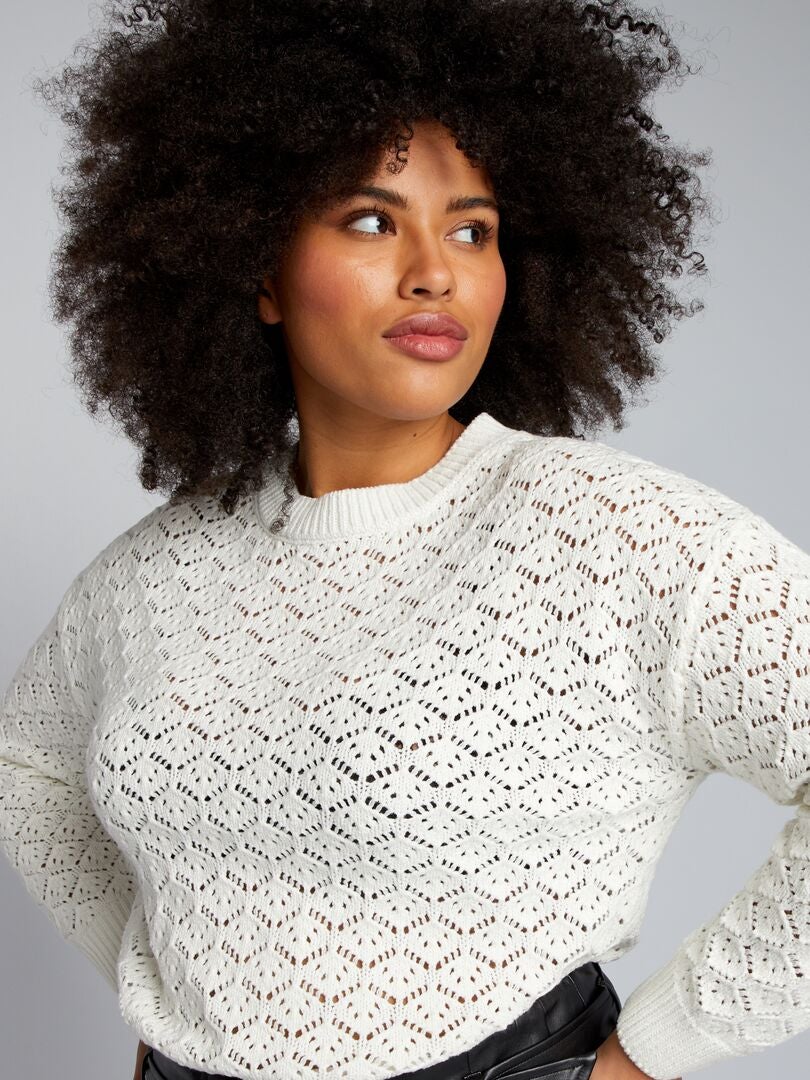 Pull à col rond en maille ajourée - blanc - Kiabi - 20.00€