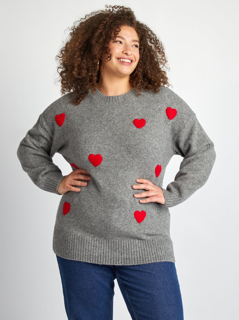 Pull avec cœurs - Saint-valentin - Gris - Grandes tailles - Femme - 6.60€ - Kiabi