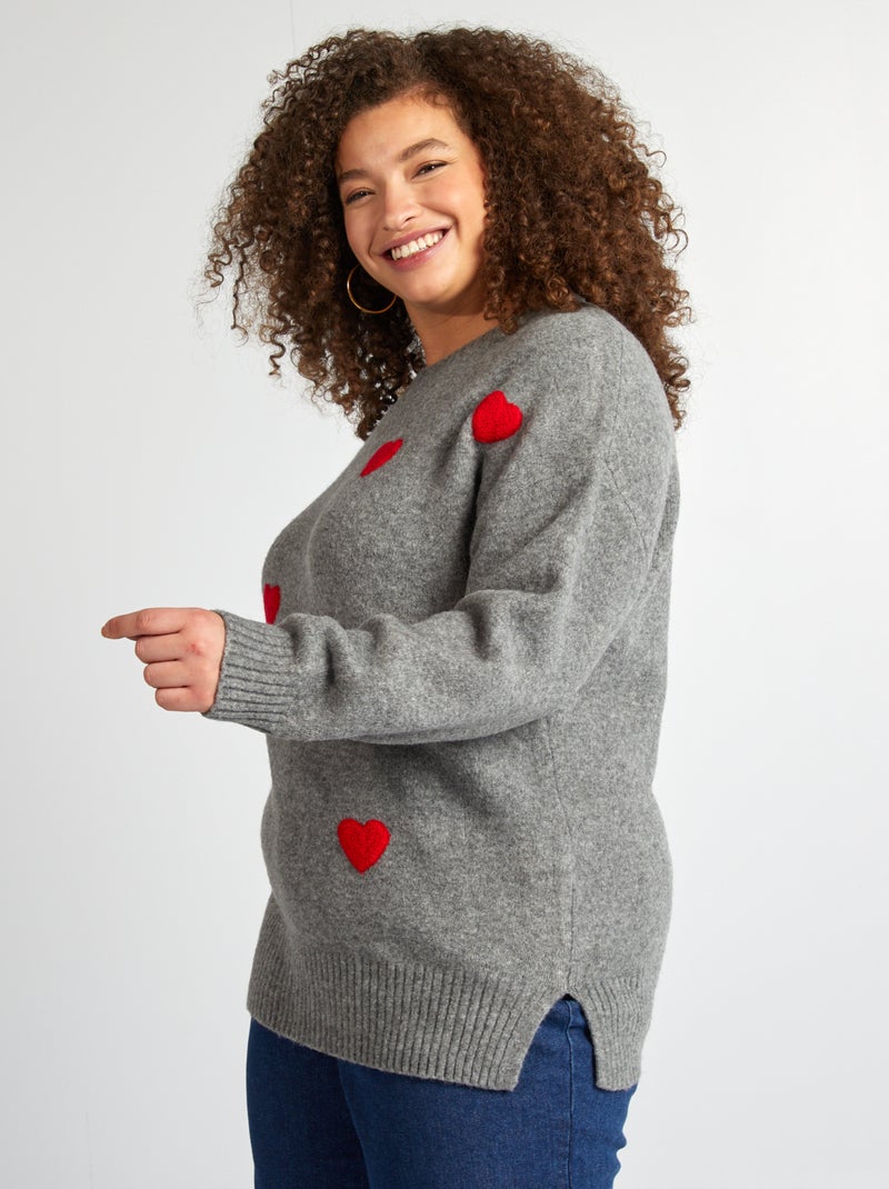 Pull avec cœurs - Saint-valentin - Gris - Grandes tailles - Femme - 6.60€ - Kiabi