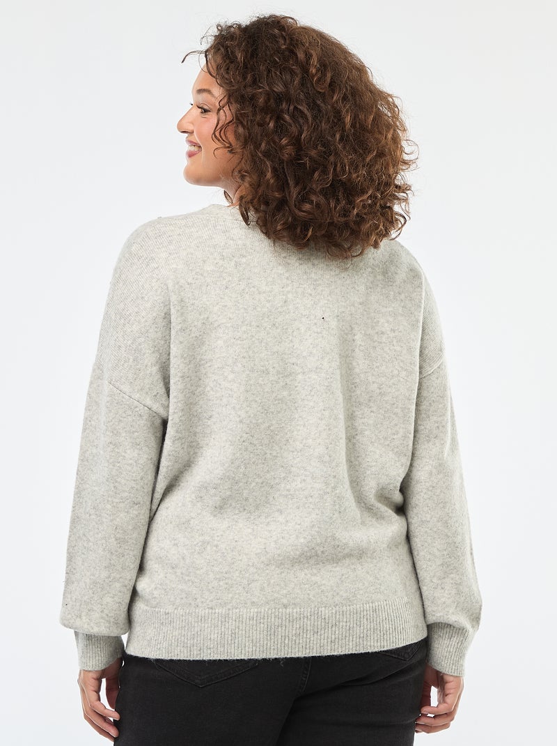 Pull avec col cache-cœur et strass fantaisies - Gris - Grandes tailles ...