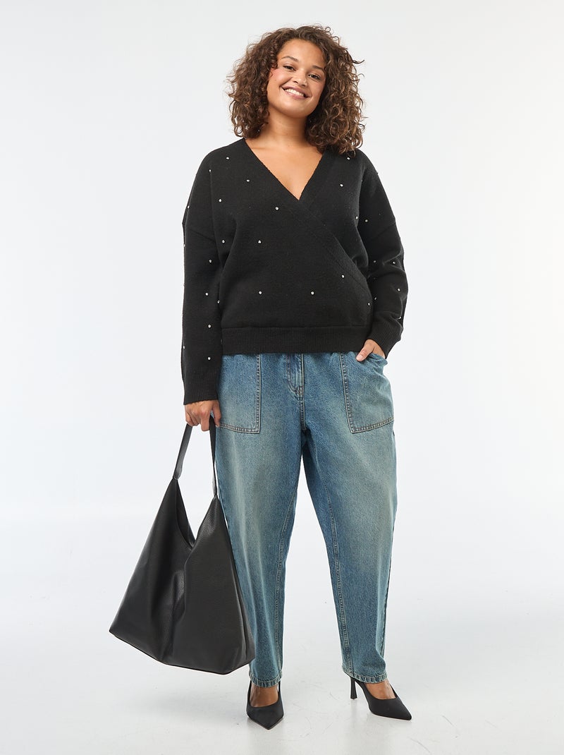 Pull avec col cache-cœur et strass fantaisies - Noir - Grandes tailles ...