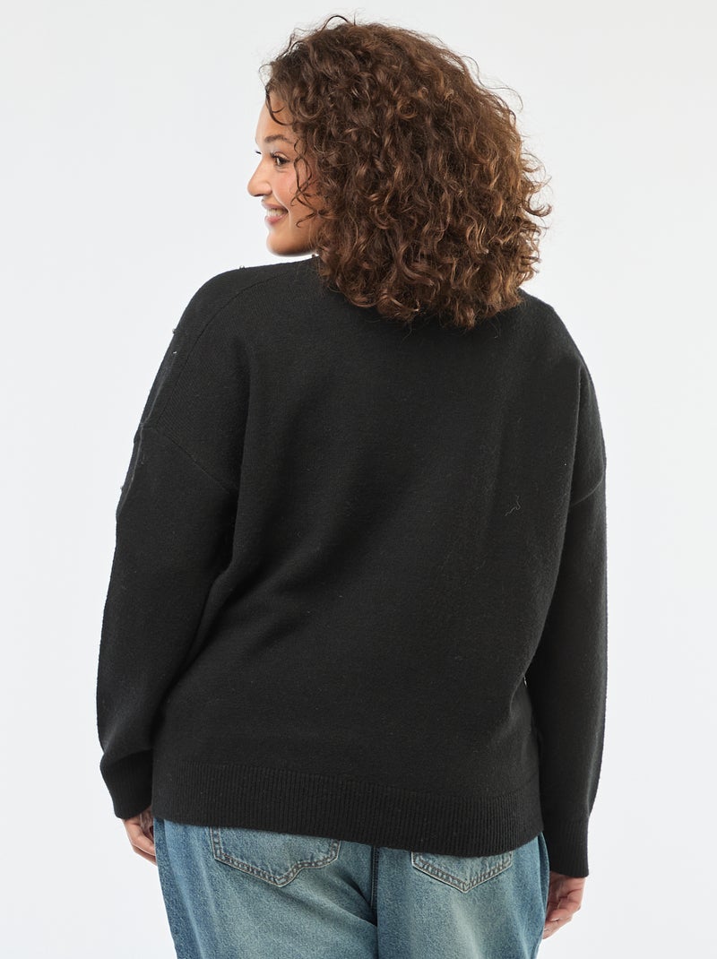 Pull avec col cache-cœur et strass fantaisies - Noir - Grandes tailles ...
