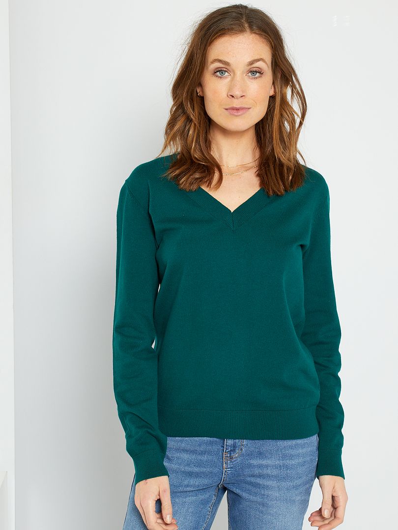 Pull basique col V - vert - Kiabi - 10.00€