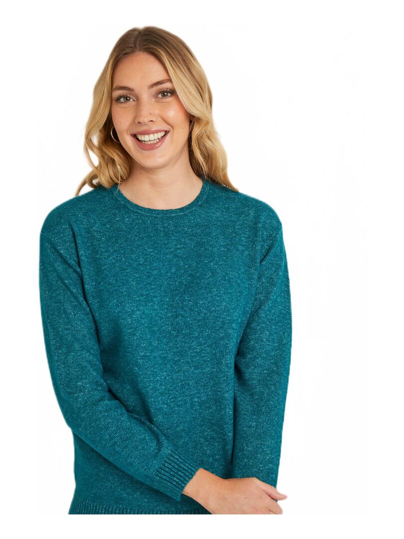 Pull chiné court col rond avec laine - Bleu canard - Kiabi - nu€