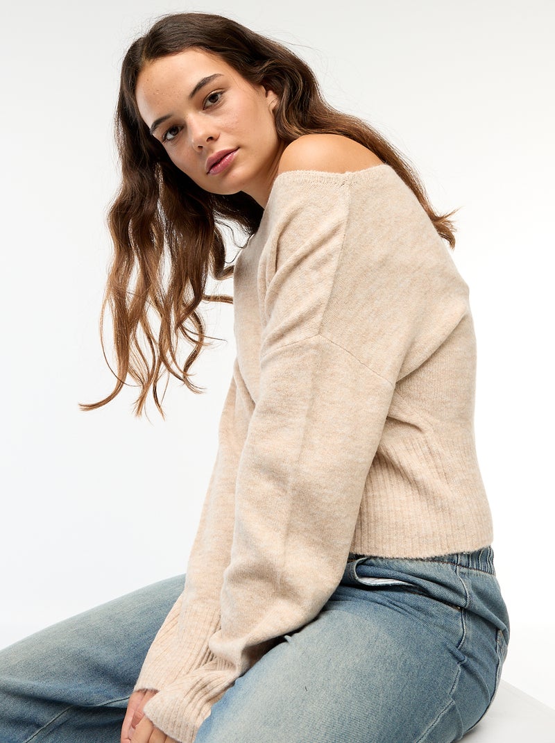 Pull col bardo en maille - Beige - Ado fille - 15.00€ - Kiabi