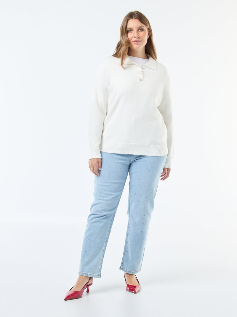 Pull col polo avec boutons bijoux - Blanc - Grandes tailles - Femme - 22.00€ - Kiabi