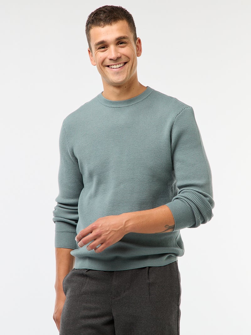 Pull col rond gaufré uni - Bleu - Homme - 20.00€ - Kiabi