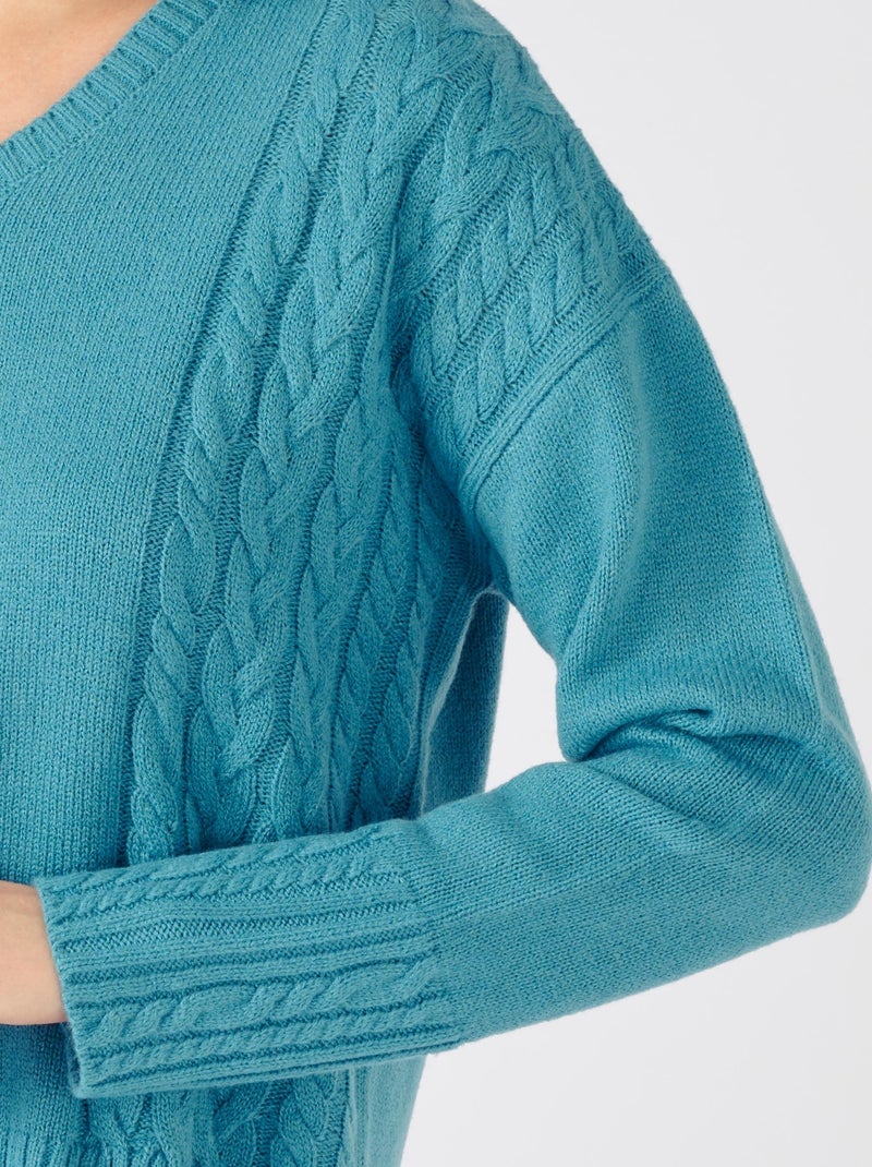 Pull col V à torsades - Damart - Bleu canard - Femme - 0.00€ - Kiabi