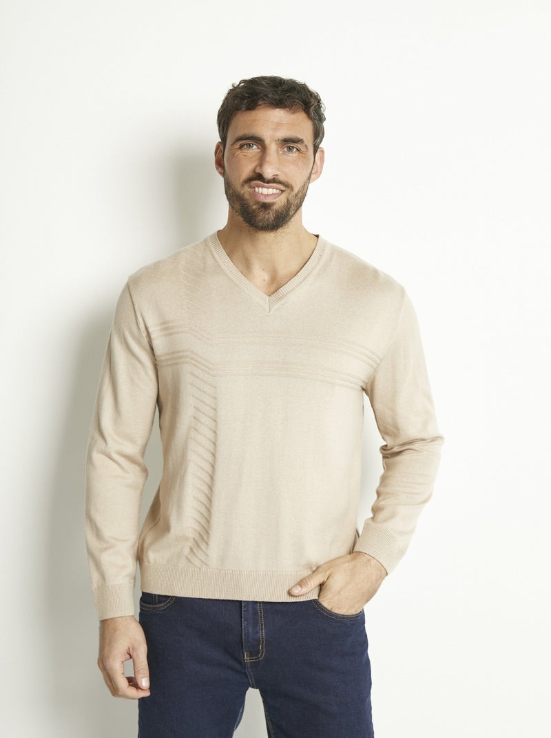 Pull col V manches longues coton - Beige - Homme - 26.99€ - Kiabi