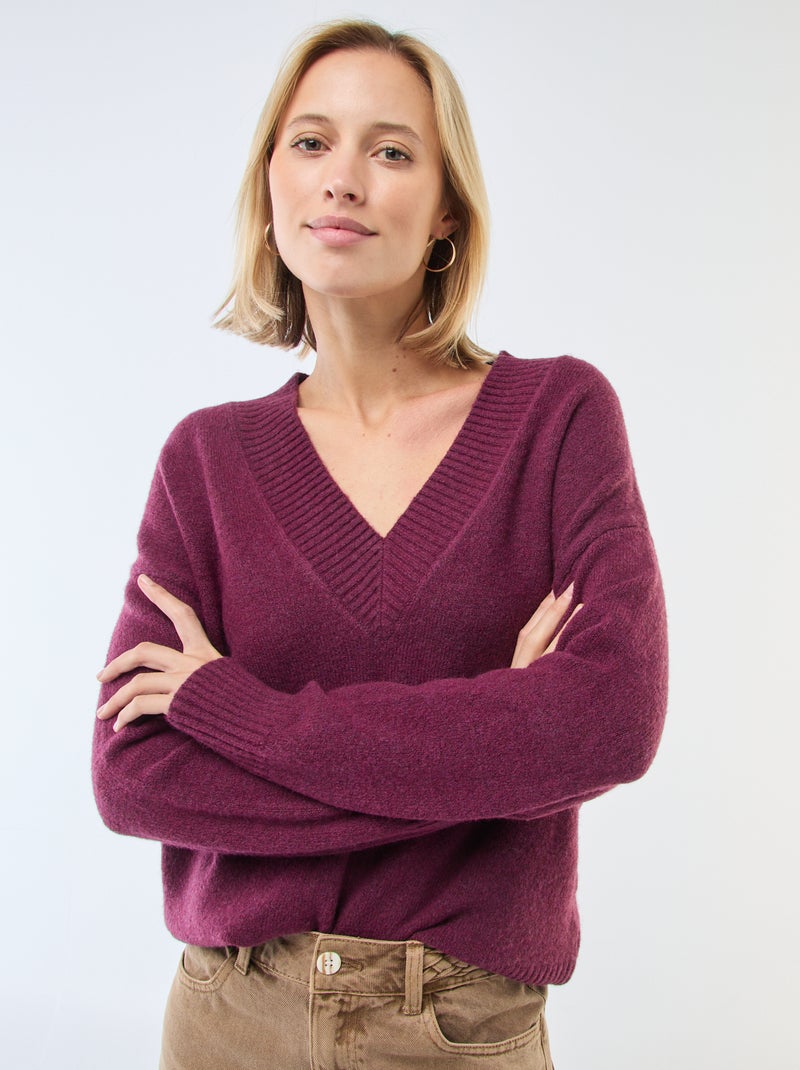 Pull col V uni - Rouge - Femme - 15.00€ - Kiabi
