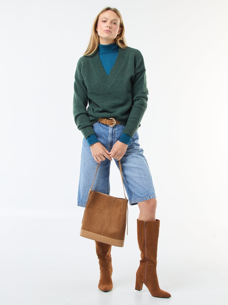 Pull col V uni - Vert - Femme - 15.00€ - Kiabi