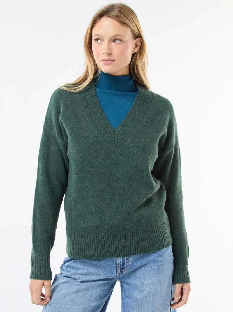 Pull col V uni - Vert - Femme - 15.00€ - Kiabi
