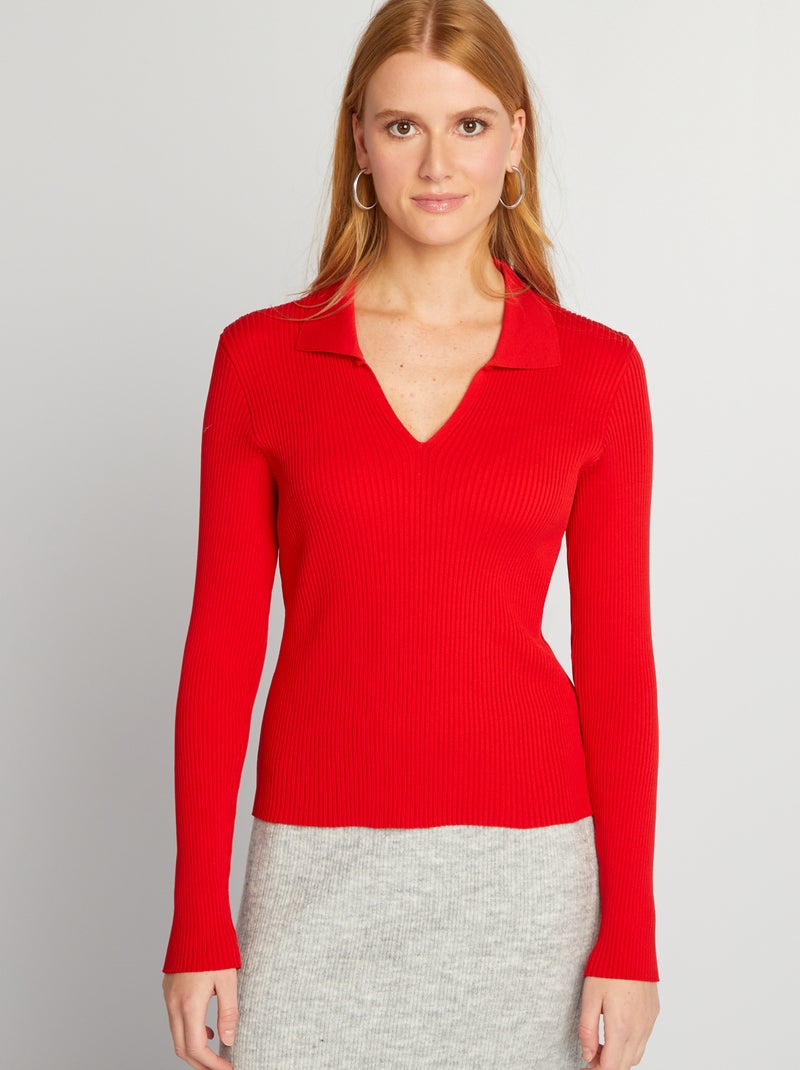 Pull côtelé à col V - Rouge - Kiabi - 18.00€