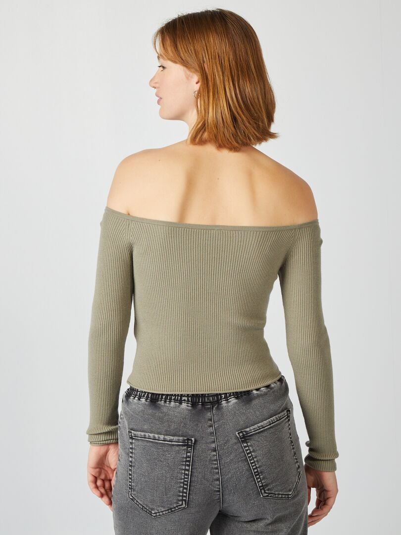 Pull crop top col bardot - Kaki - Kiabi - 13.00€