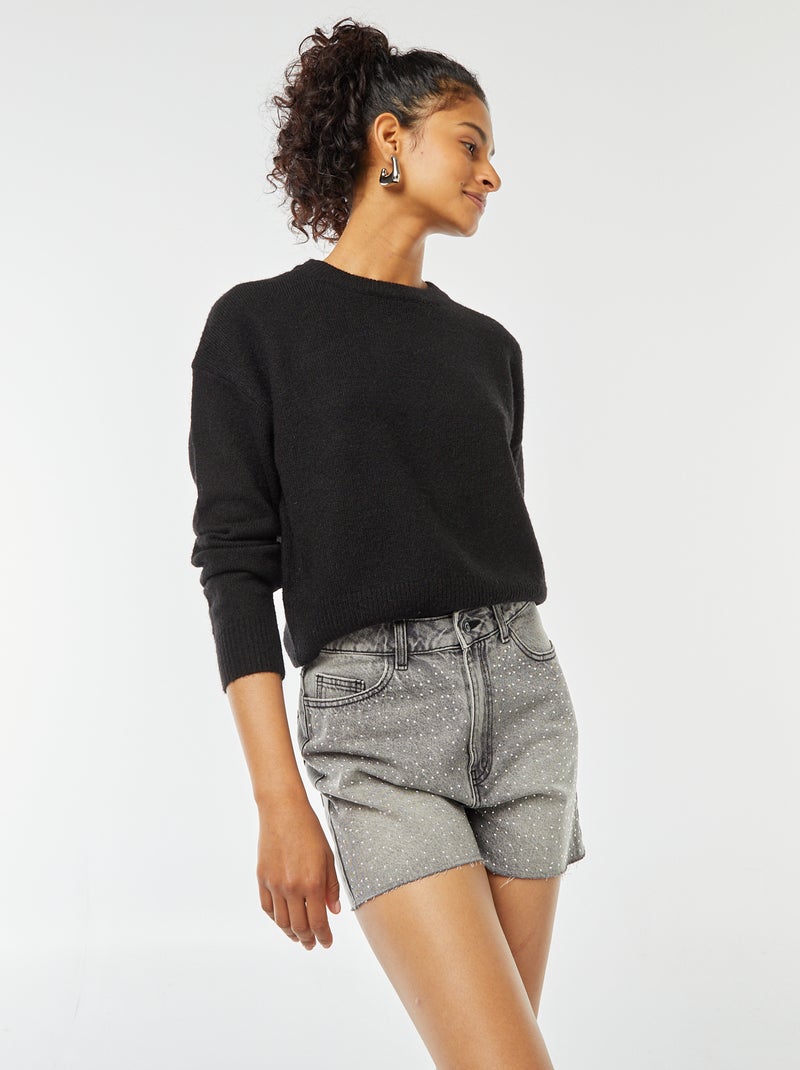 Pull crop top en maille douce - Noir - Ado fille - 13.00€ - Kiabi