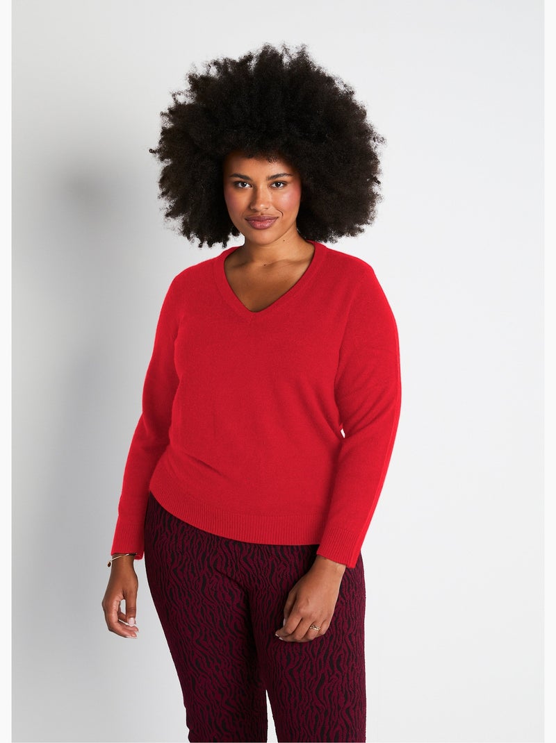 Pull doux col V manches longues - Rouge - Femme - 0.00€ - Kiabi