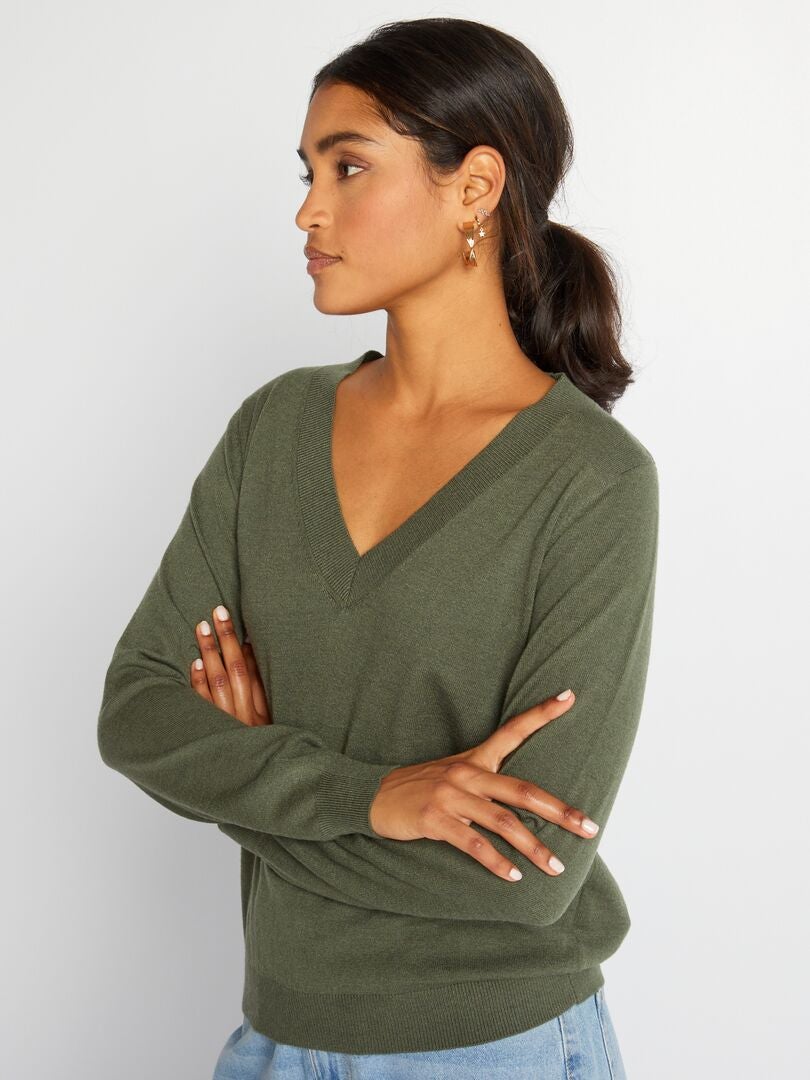 Pull en maille à col V - Kaki - Kiabi - 10.00€