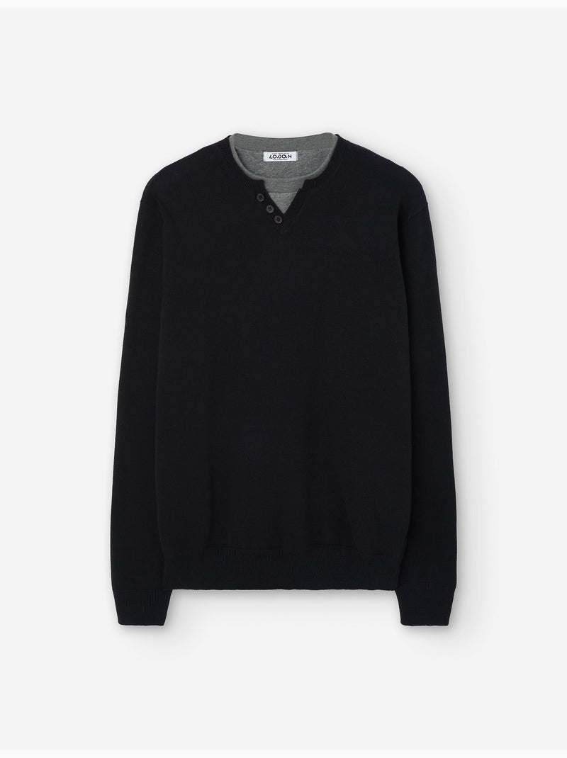 Pull en maille de coton à double col - Noir - Homme - 0.00€ - Kiabi