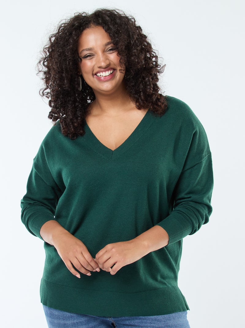Pull en maille fine avec col V - Vert - Grandes tailles - Femme - 18.00€ - Kiabi