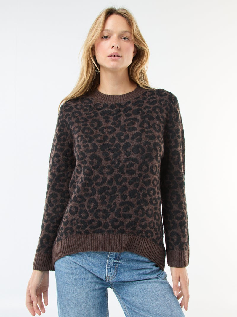 Pull léopard col rond - Marron - Femme - 15.00€ - Kiabi