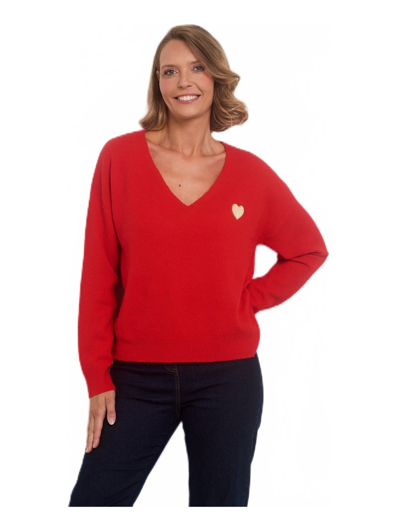 Pull manches longues broderie c¿ur - Rouge - Femme - 0.00€ - Kiabi