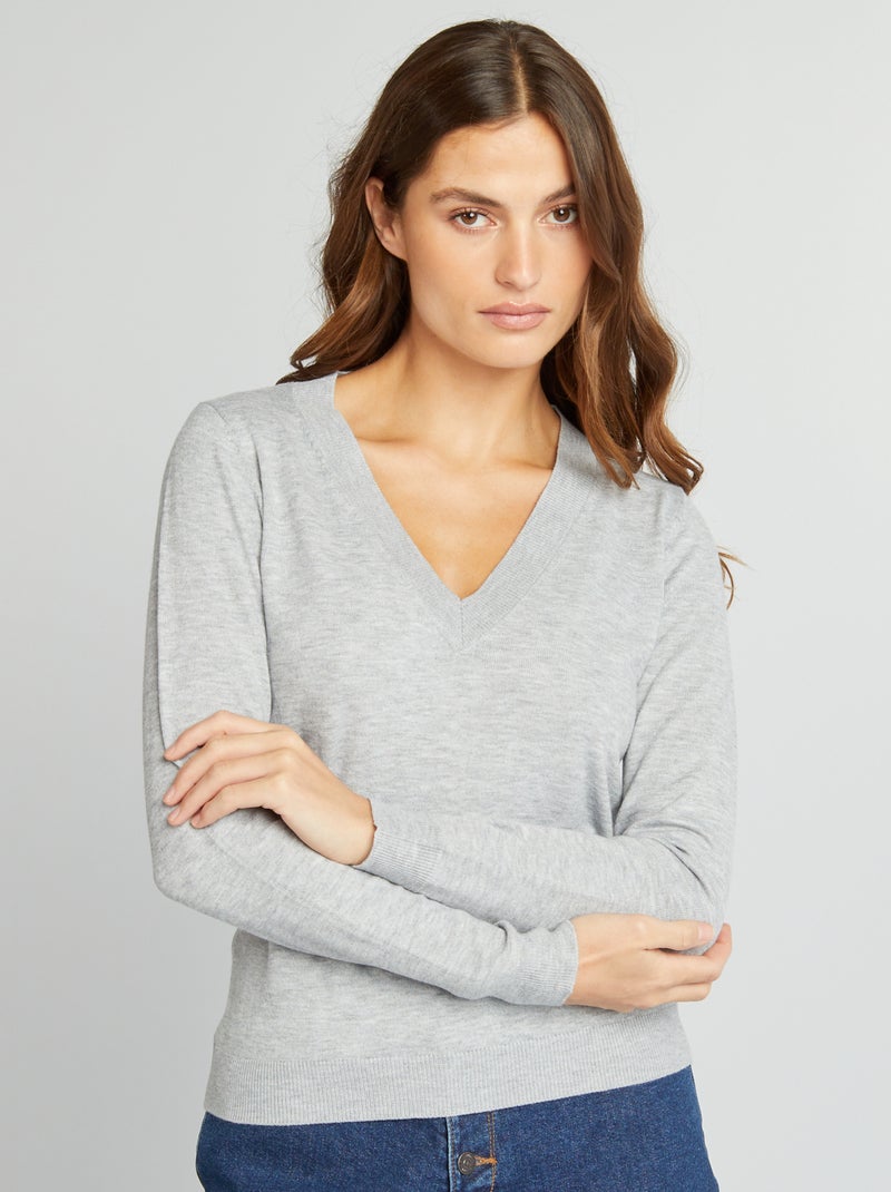 Pull manches longues col V - Gris - Femme - 3.00€ - Kiabi