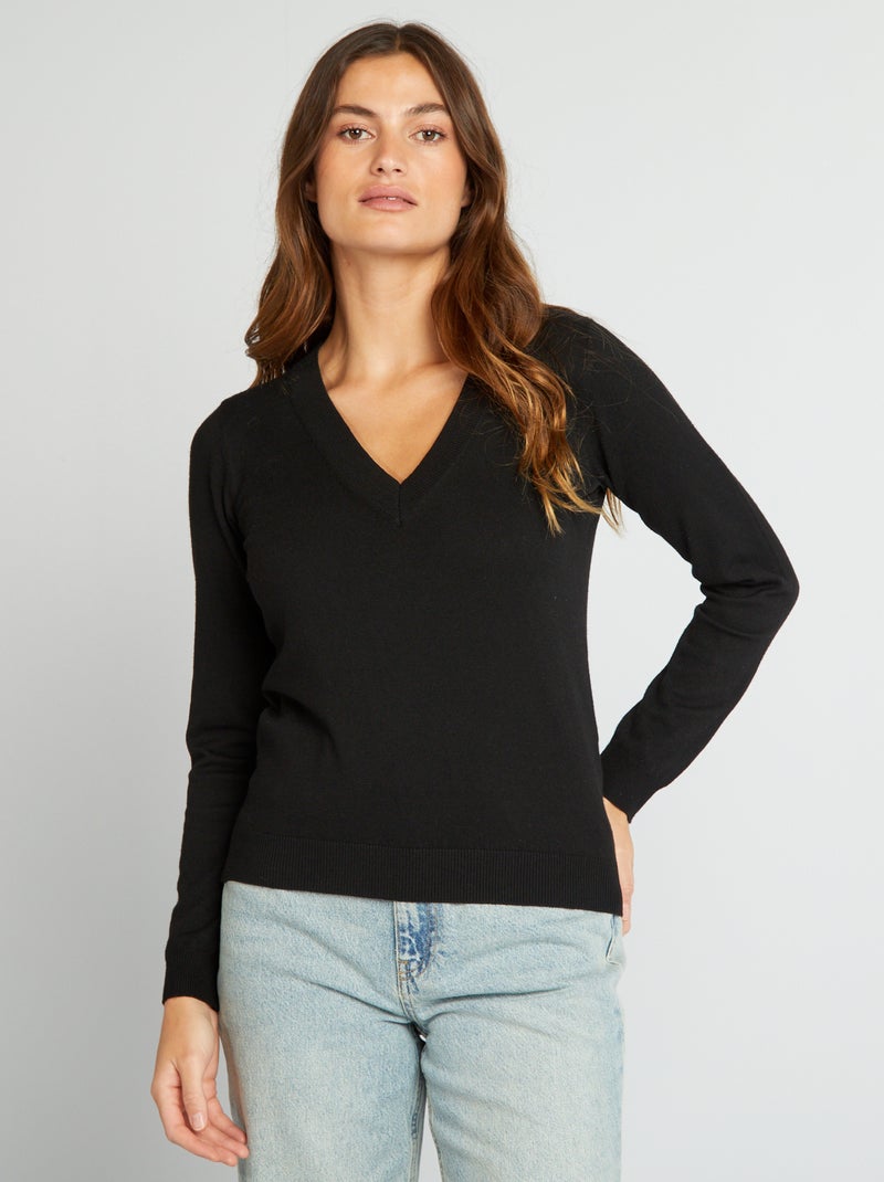 Pull manches longues col V - noir - Femme - 3.00€ - Kiabi