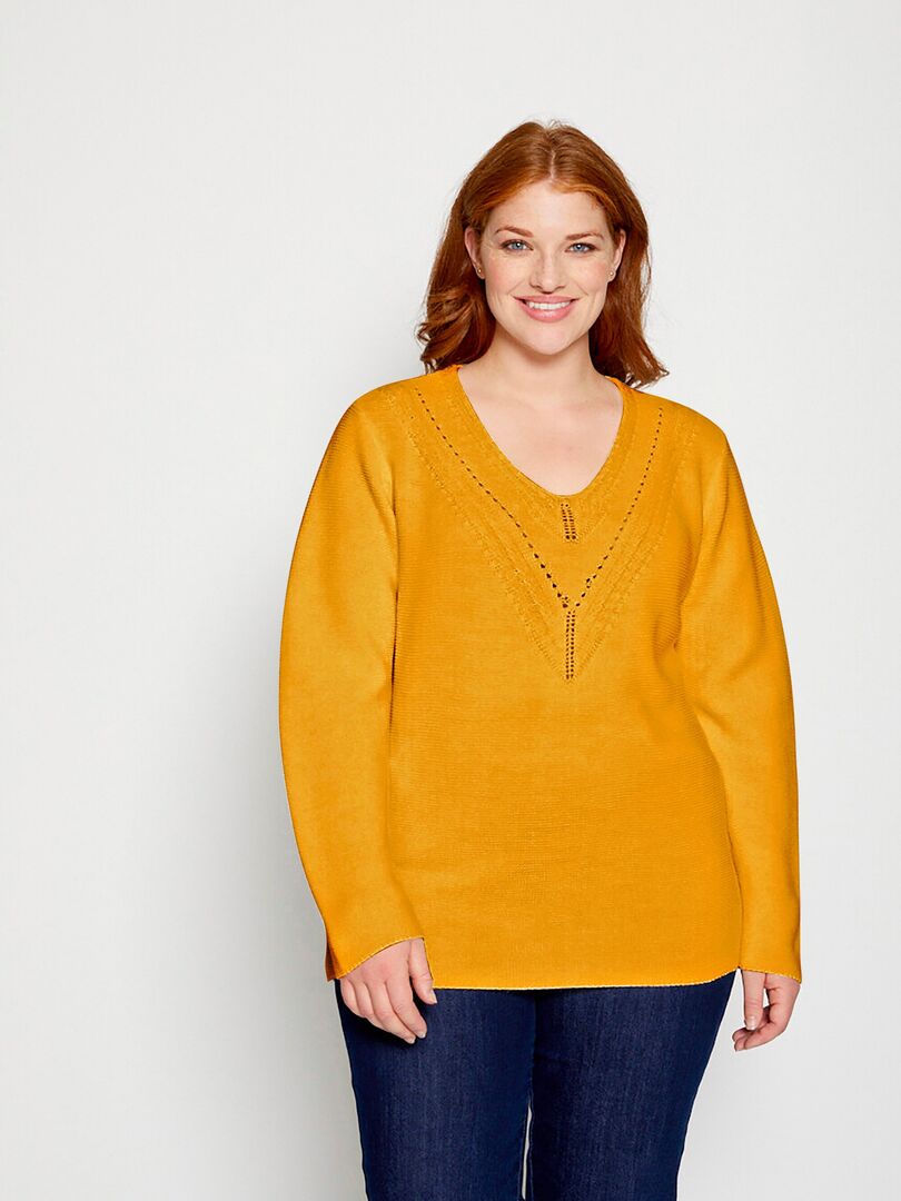 Pull point mousse et mailles fantaisie - Jaune foncé - Kiabi - nu€